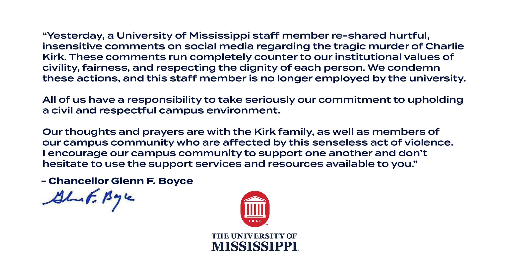 Ole Miss fires staff member over social media comments on Kirk shooting ...